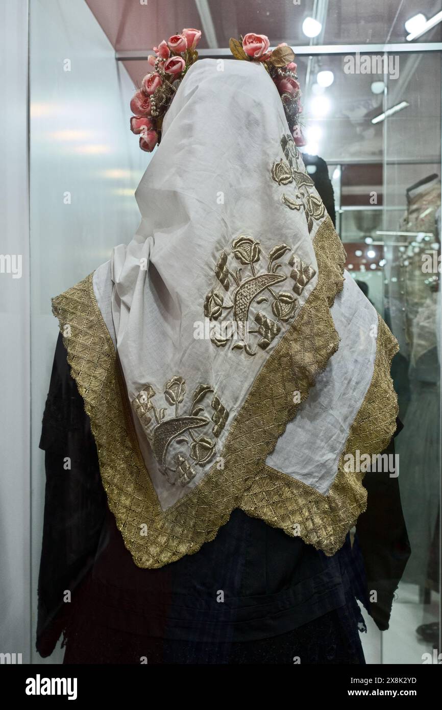 rear view traditional serbian white headscarf embroidered with golden ...