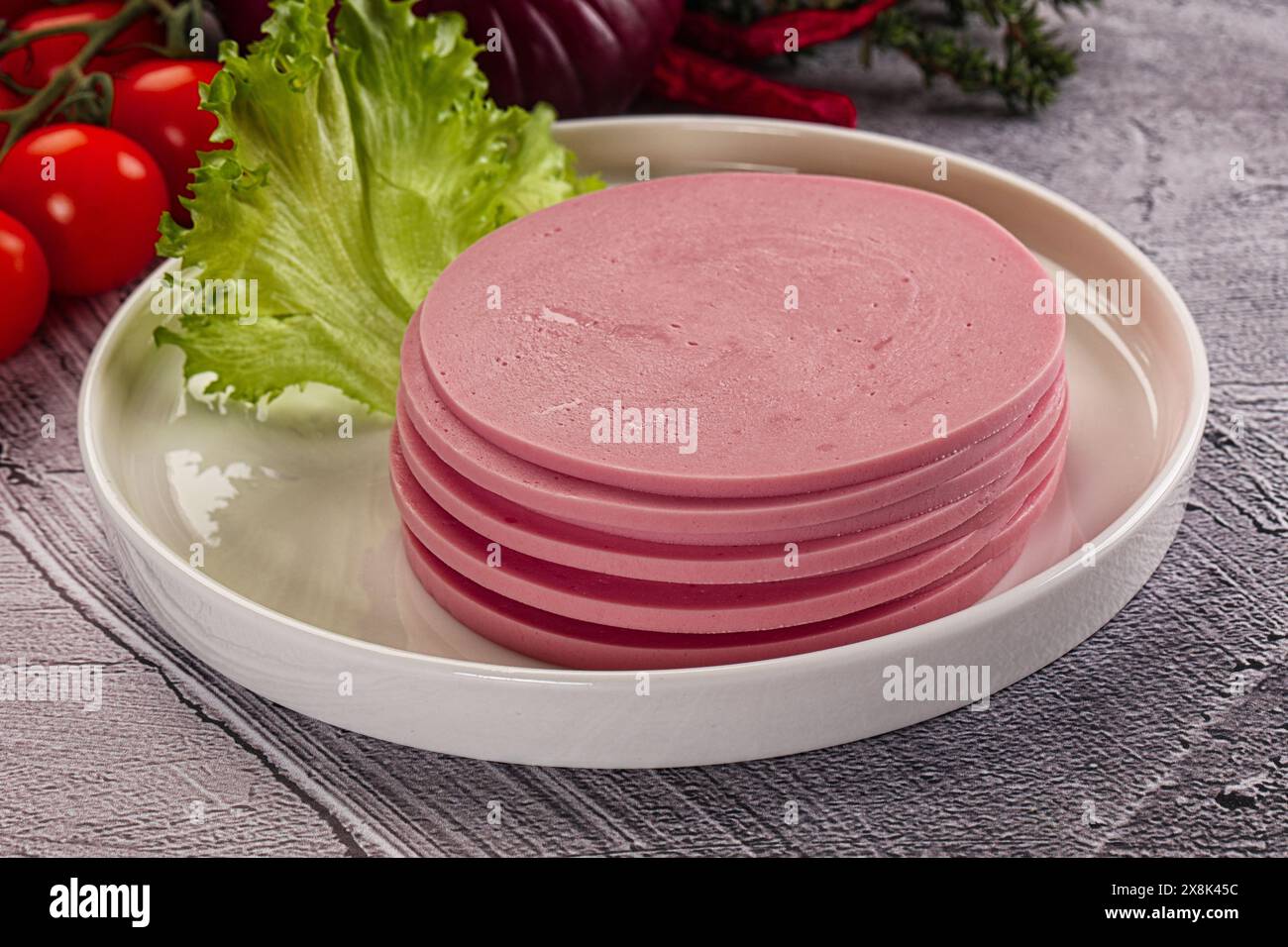 Boiled pork sliced sausage stack for breakfast Stock Photo - Alamy