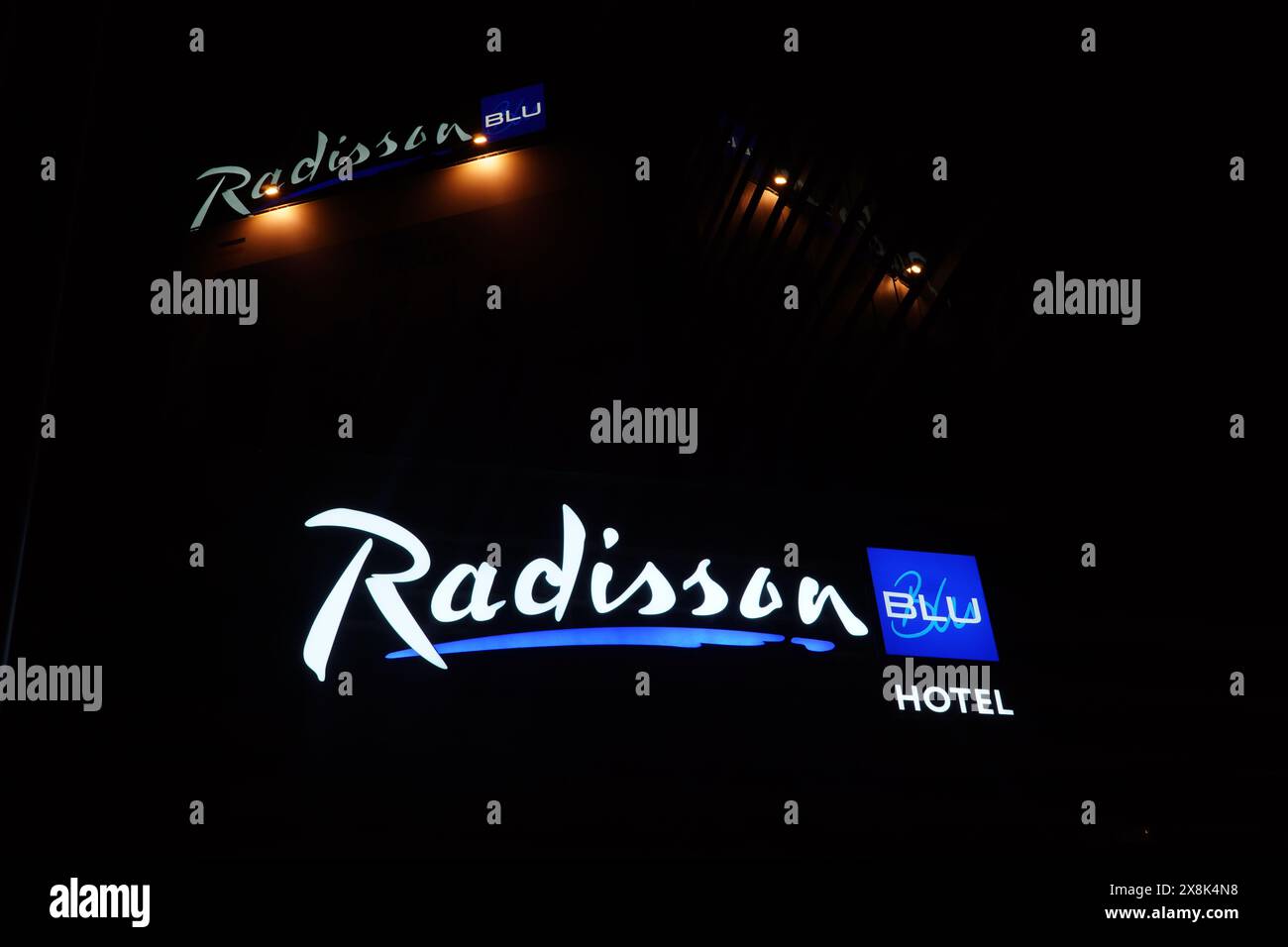 Bucharest, Romania - May 18, 2024: Radisson Blu logo on hotel on Calea ...
