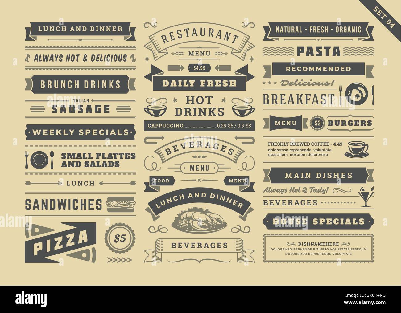 Restaurant menu typographic decoration design elements set vintage and ...