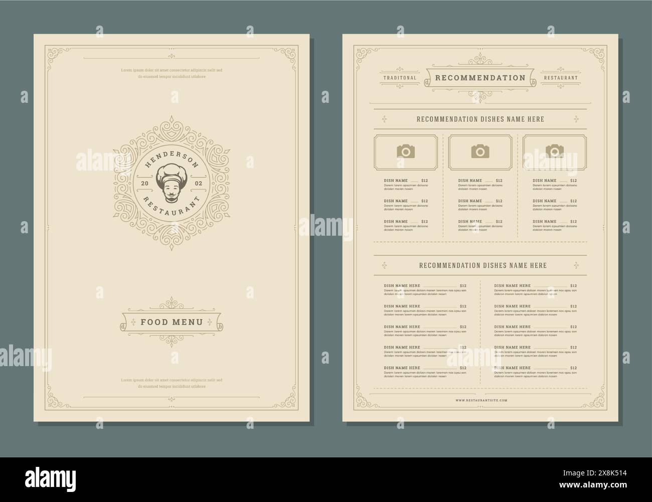 Restaurant menu design and label vector brochure template. Chef woman ...