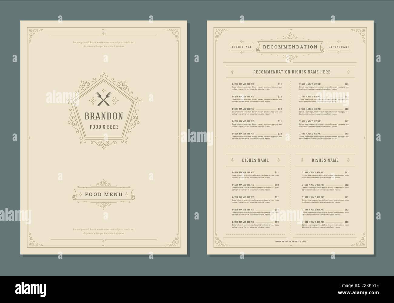 Restaurant menu design and label vector brochure template. Fork ...