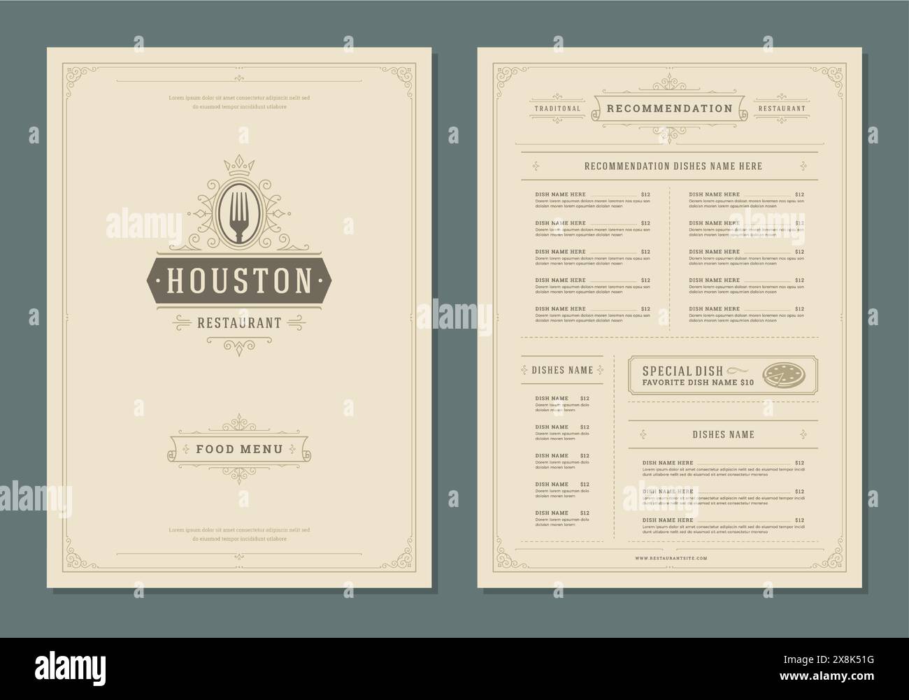 Restaurant menu design and label vector brochure template. Fork ...
