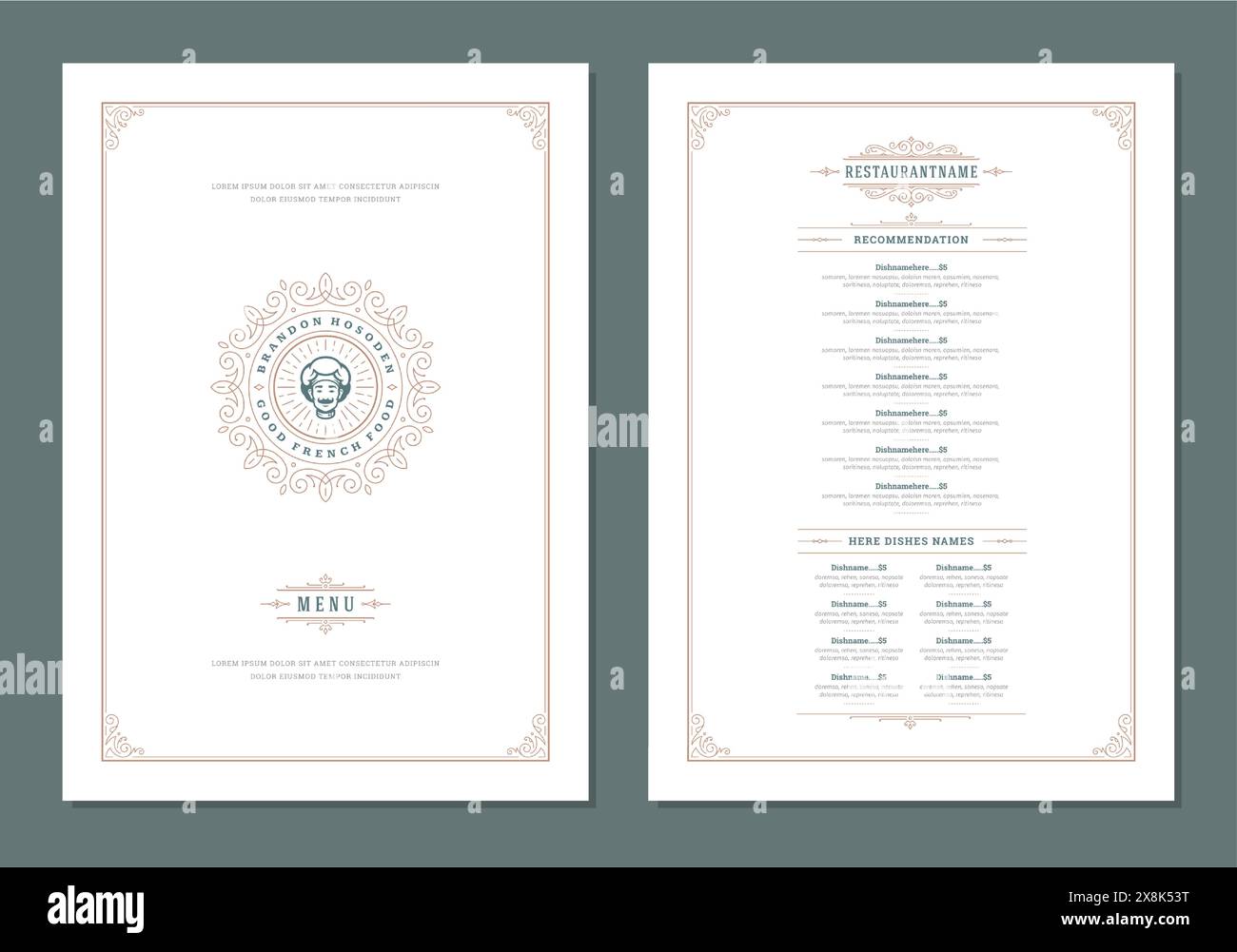 Menu design template with cover and restaurant vintage logo vector ...