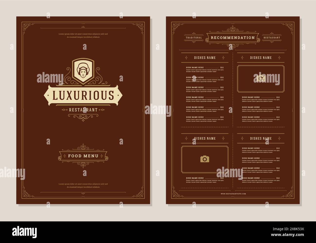 Restaurant menu design and label vector brochure template. Chef man ...