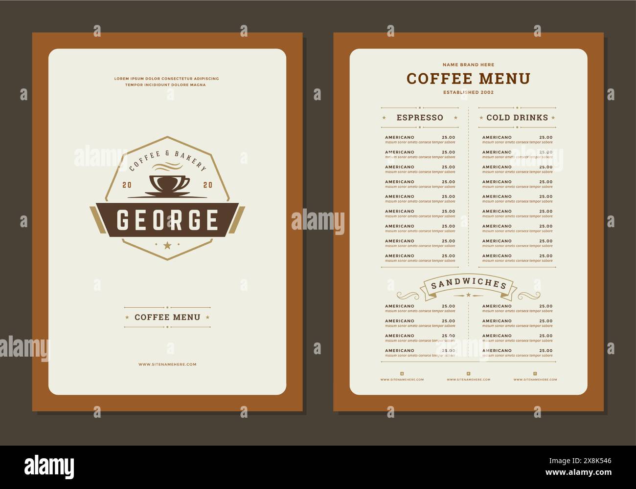 Coffee menu design brochure template. Coffee shop logo with vintage ...