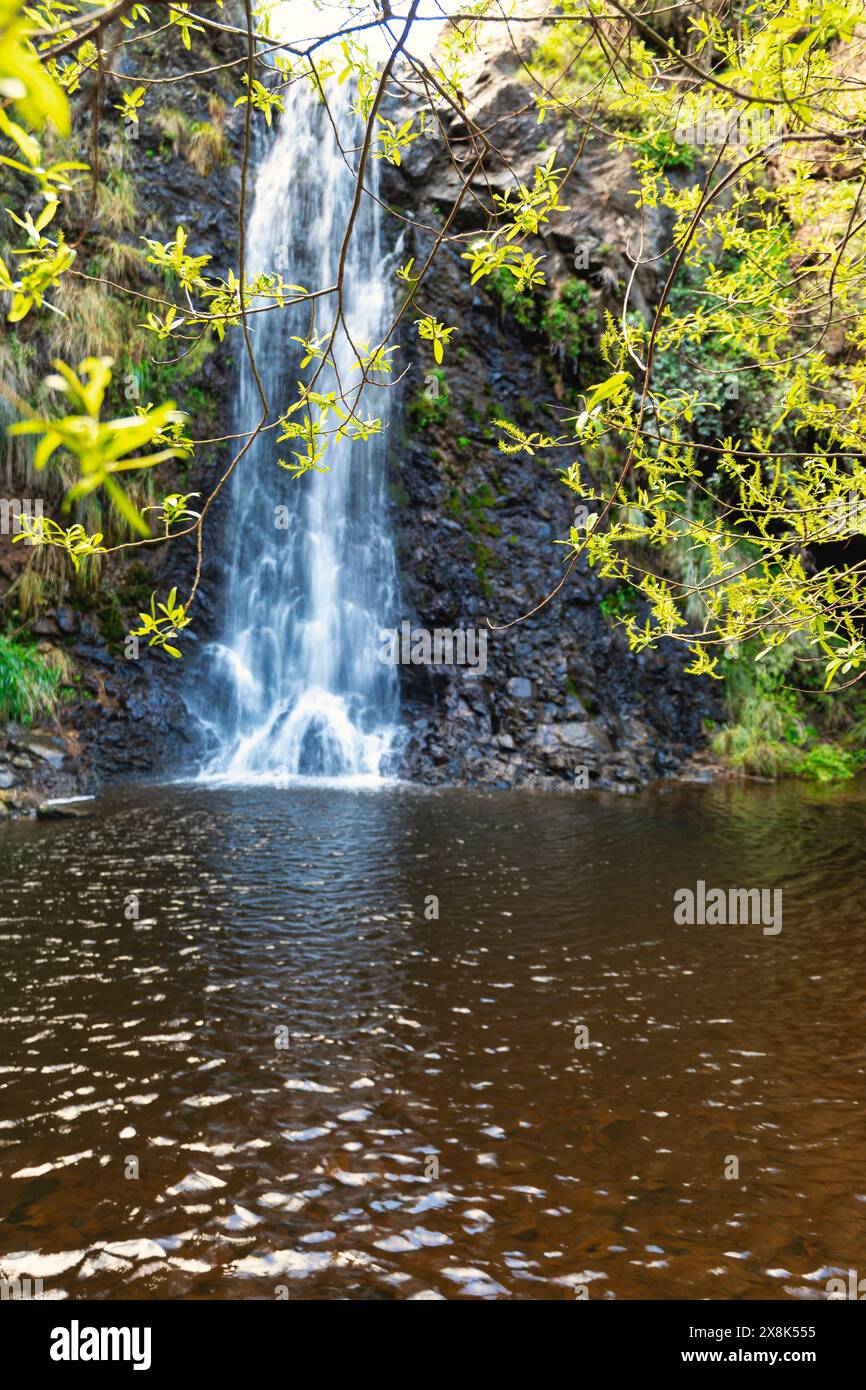 Vertical photo of a waterfall forming a pool of water, tolox, Spain ...