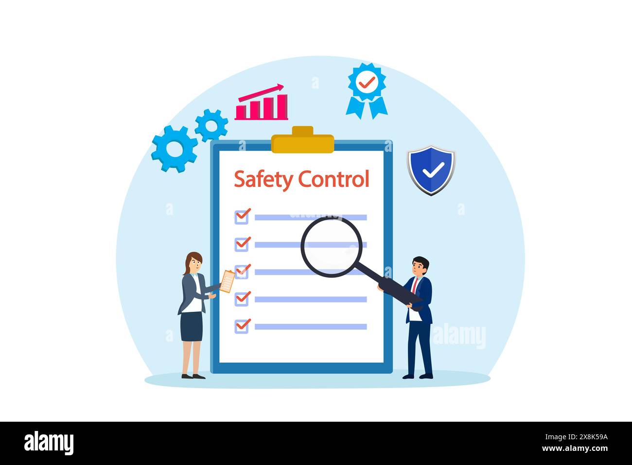 Two workers using a magnifier to looking at safety control list on ...