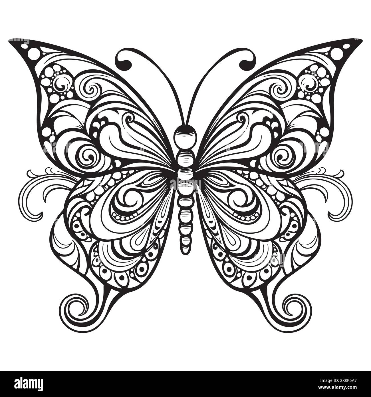 Doodle Ornate Butterfly, Adult Coloring Page Template Stock Vector ...