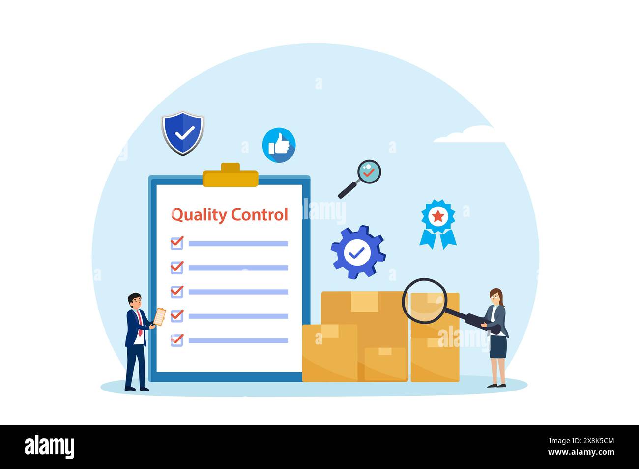 Quality control vector concept. Two workers using a magnifier to ...