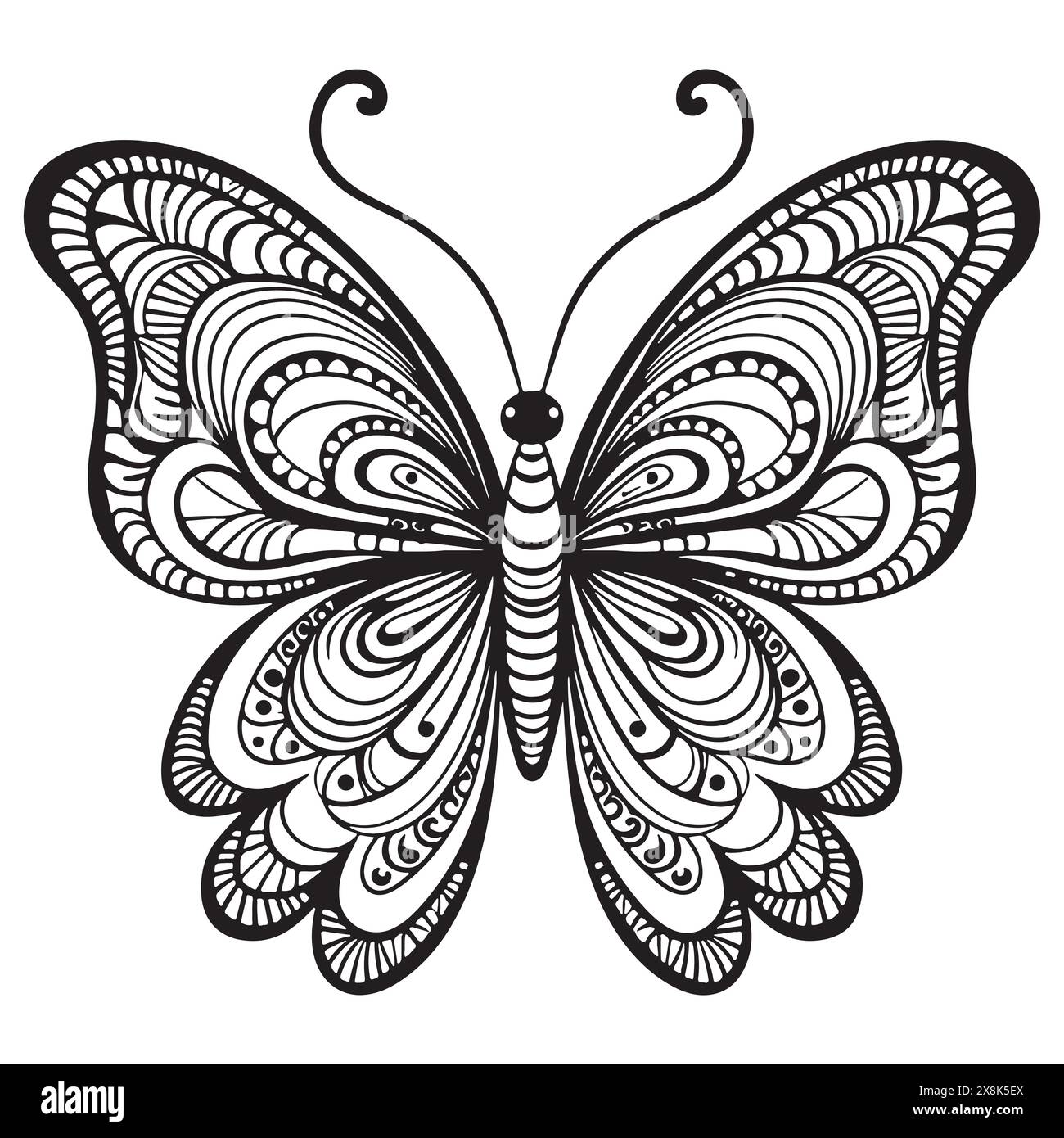 Doodle Ornate Butterfly, Adult Coloring Page Template Stock Vector ...