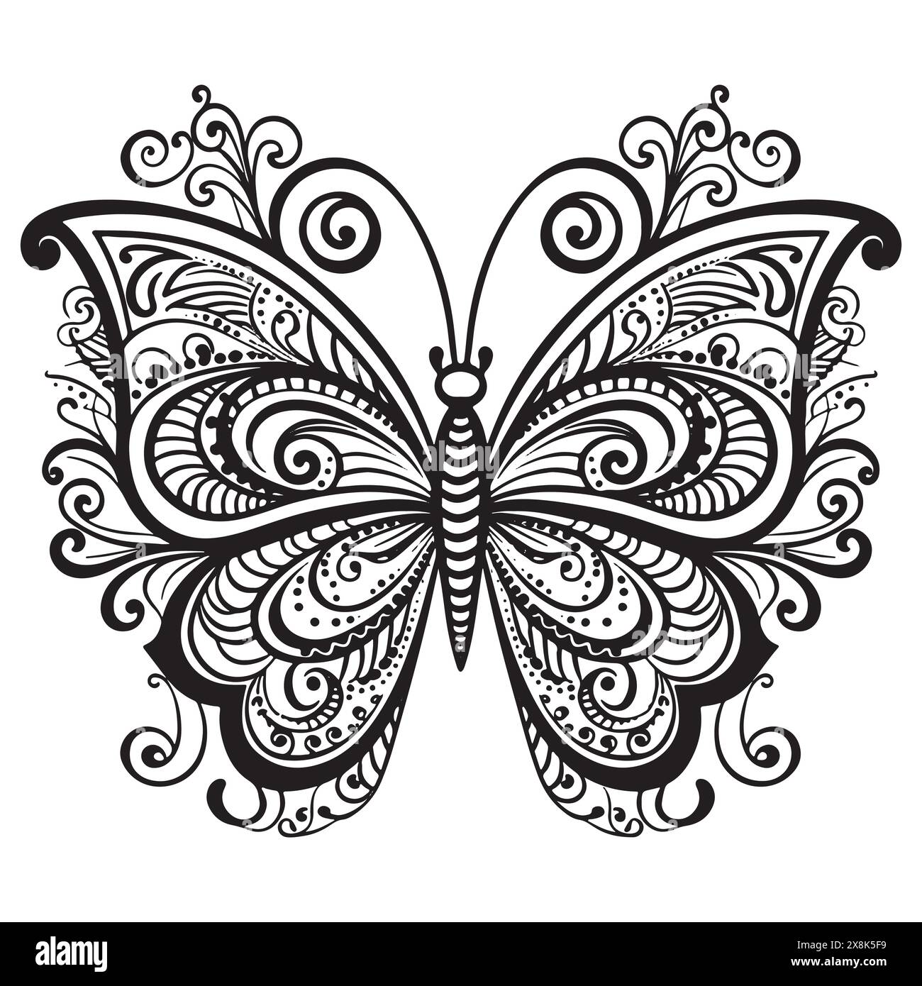 Doodle Ornate Butterfly, Adult Coloring Page Template Stock Vector ...