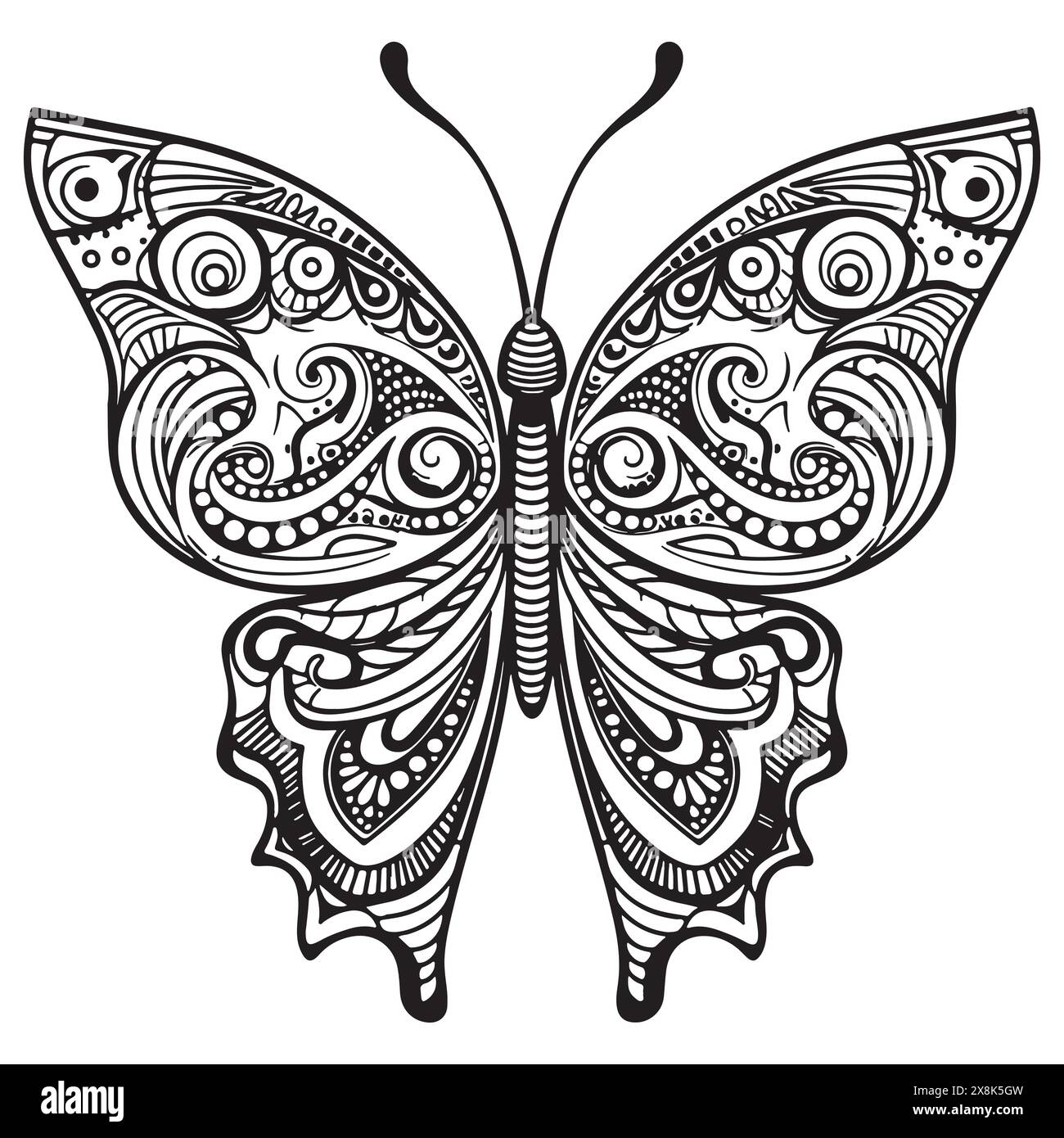 Doodle Ornate Butterfly, Adult Coloring Page Template Stock Vector ...