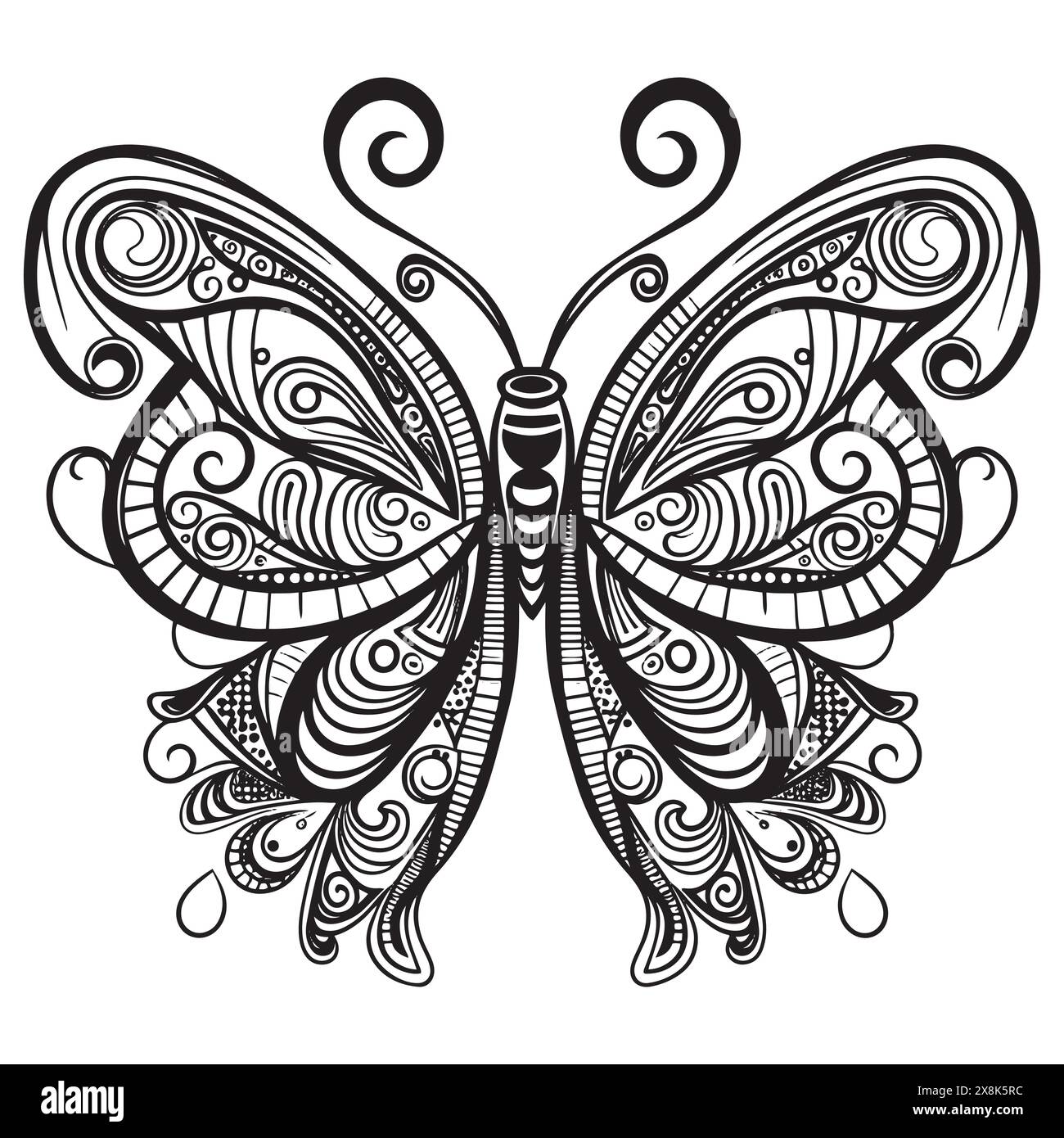Doodle Ornate Butterfly, Adult Coloring Page Template Stock Vector ...