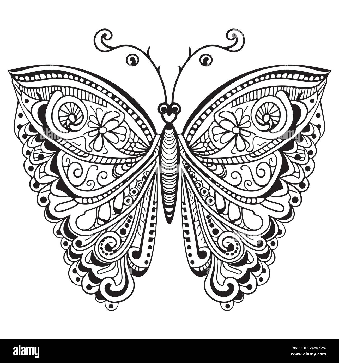 Doodle Ornate Butterfly, Adult Coloring Page Template Stock Vector ...