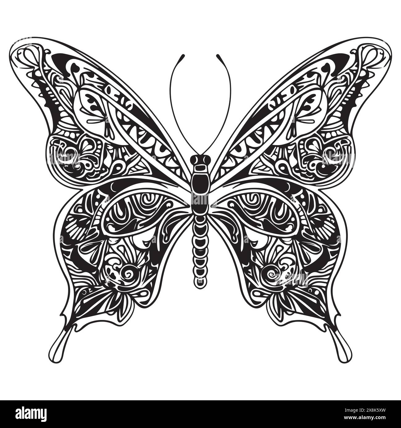 Doodle Ornate Butterfly, Adult Coloring Page Template Stock Vector ...
