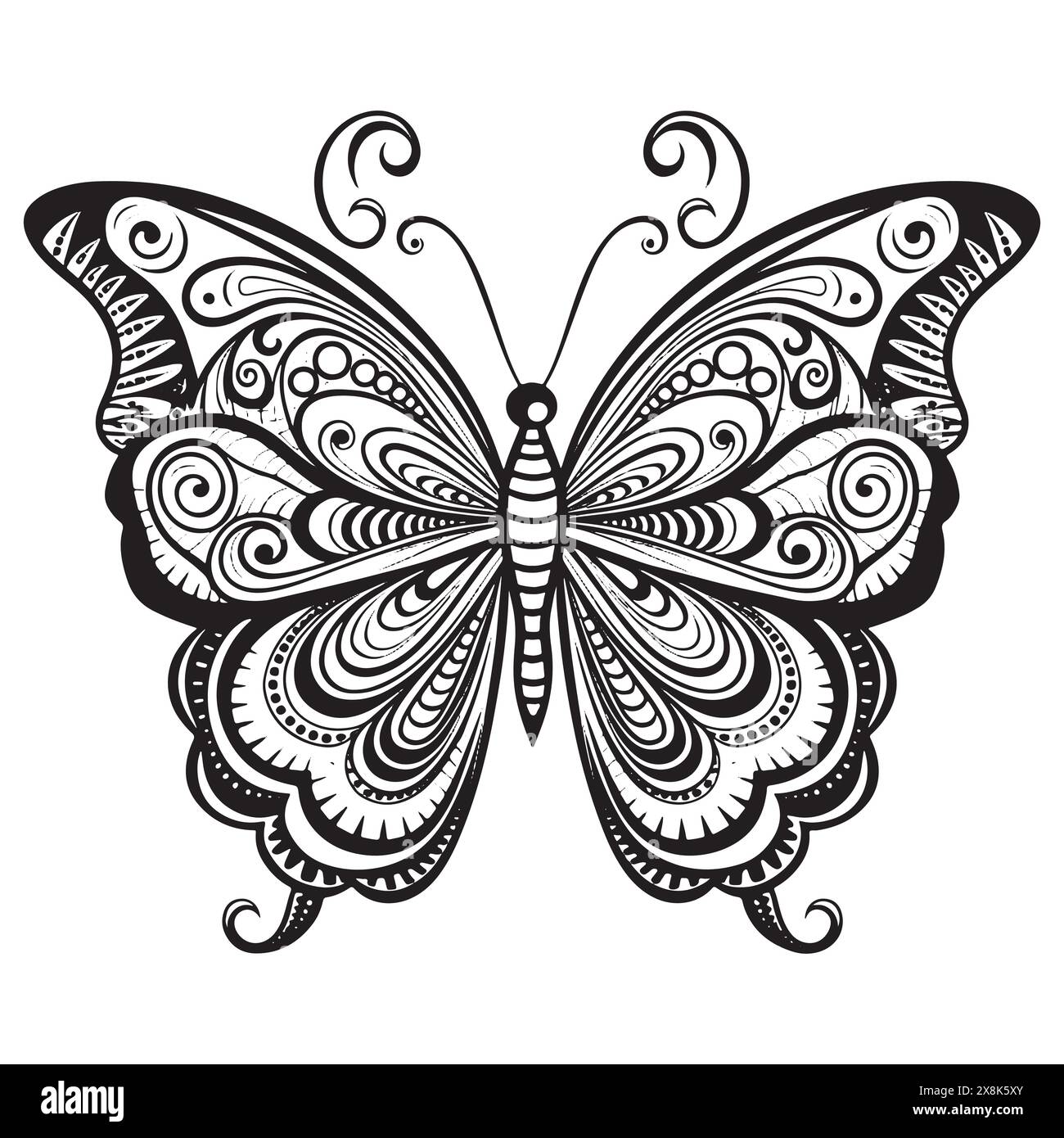 Doodle Ornate Butterfly, Adult Coloring Page Template Stock Vector ...
