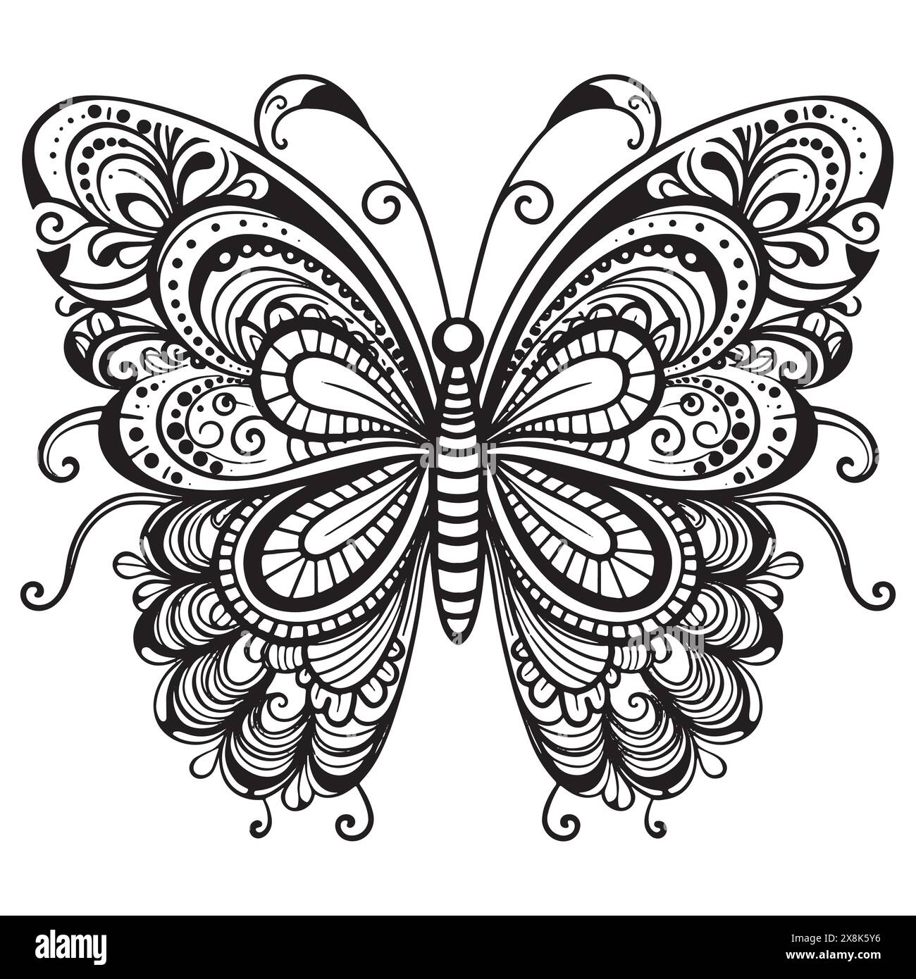 Doodle Ornate Butterfly, Adult Coloring Page Template Stock Vector ...