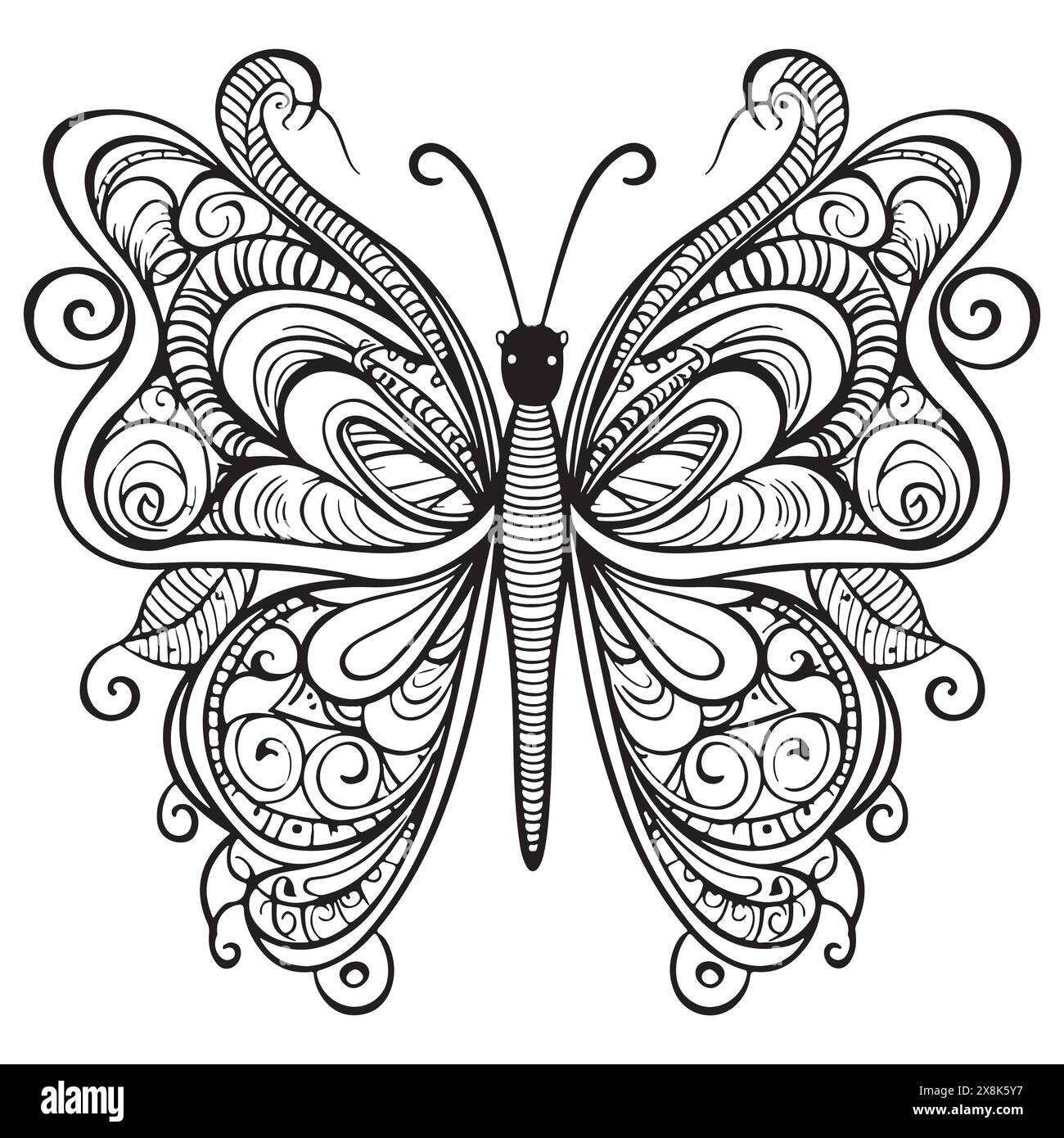 Doodle Ornate Butterfly, Adult Coloring Page Template Stock Vector ...