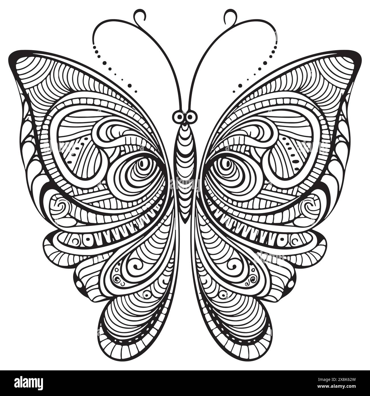 Doodle Ornate Butterfly, Adult Coloring Page Template Stock Vector ...