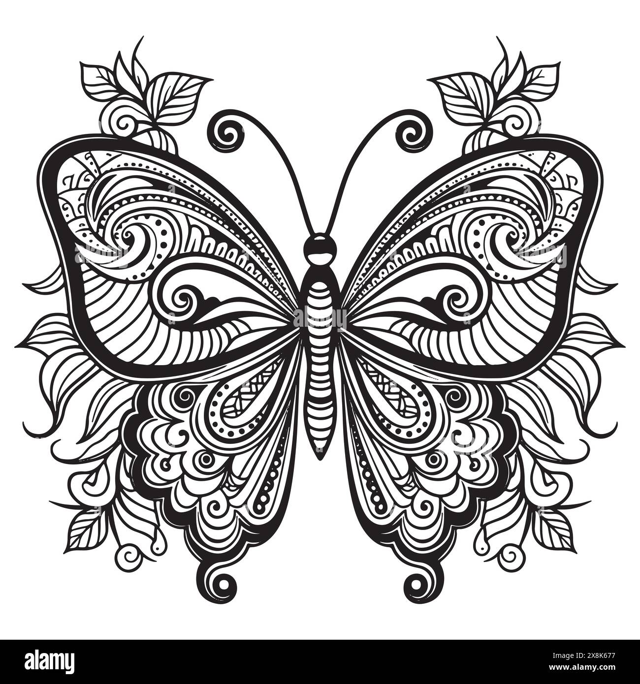 Doodle Ornate Butterfly, Adult Coloring Page Template Stock Vector ...