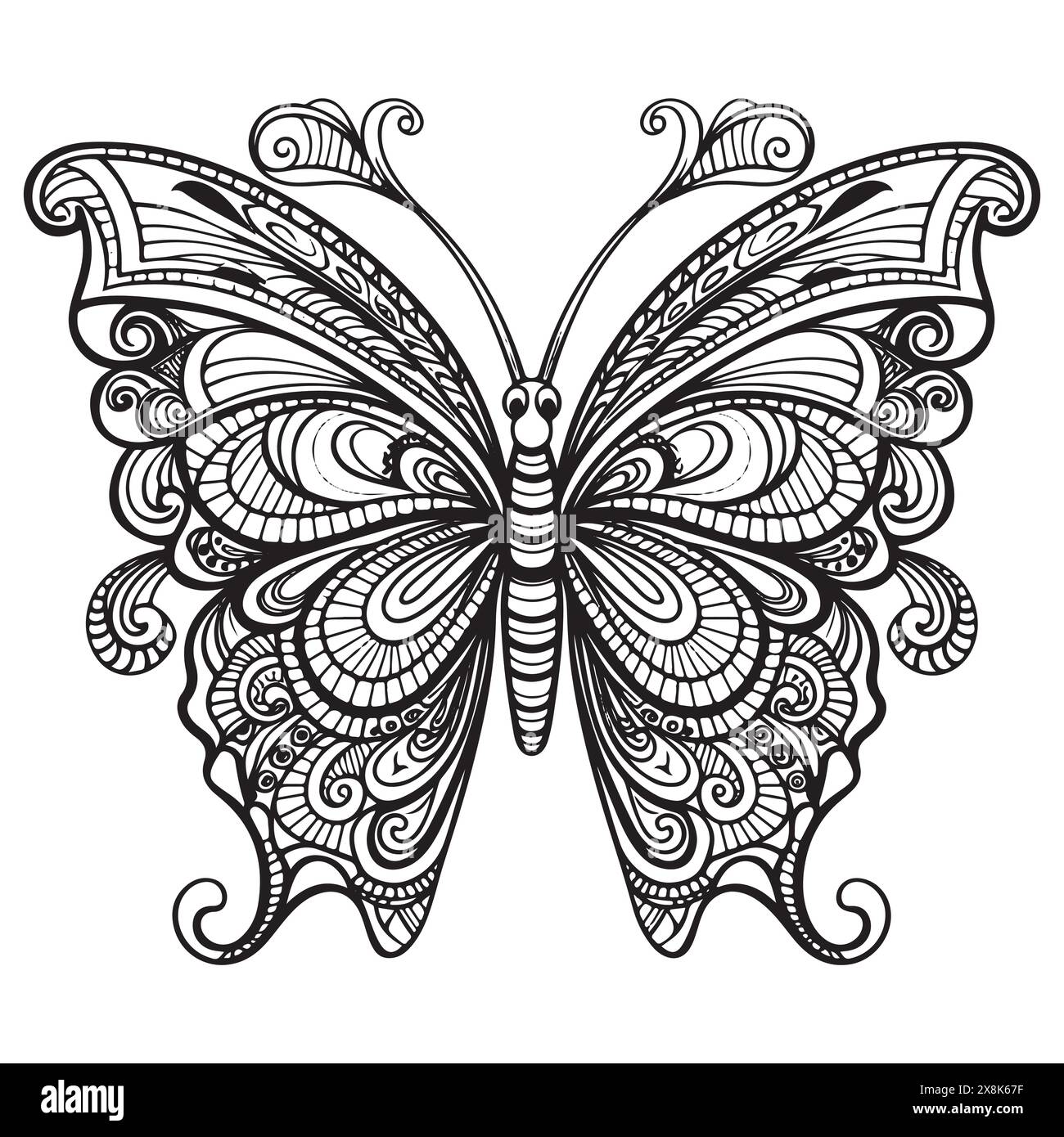 Doodle Ornate Butterfly, Adult Coloring Page Template Stock Vector ...