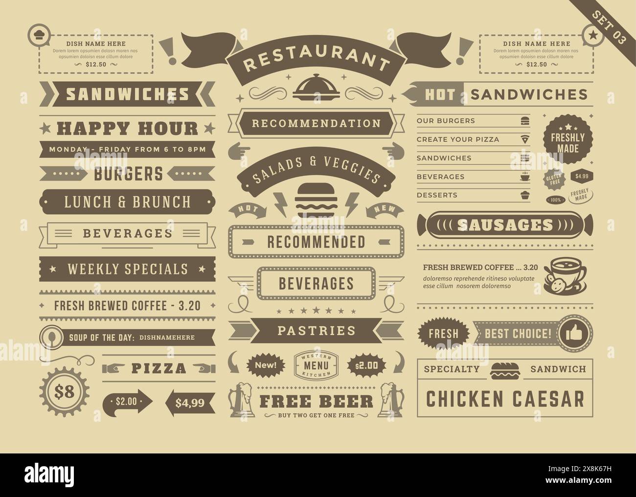 Restaurant menu typographic decoration design elements set vintage and ...