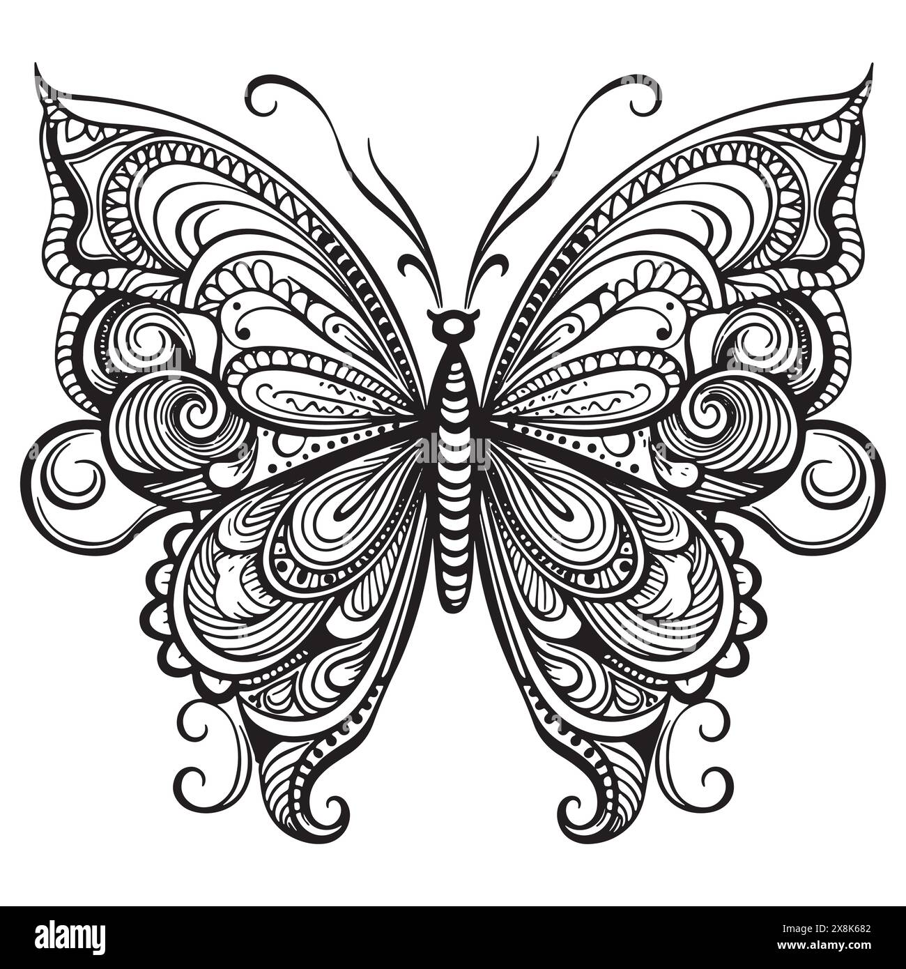 Doodle Ornate Butterfly, Adult Coloring Page Template Stock Vector ...