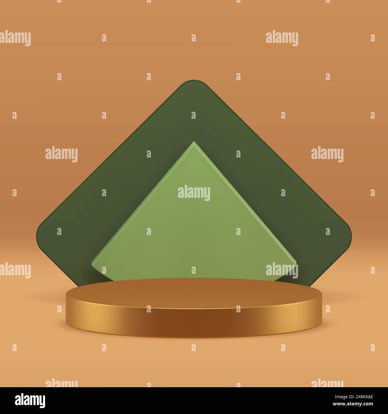 Golden cylinder 3d podium pedestal with green geometric wall background ...