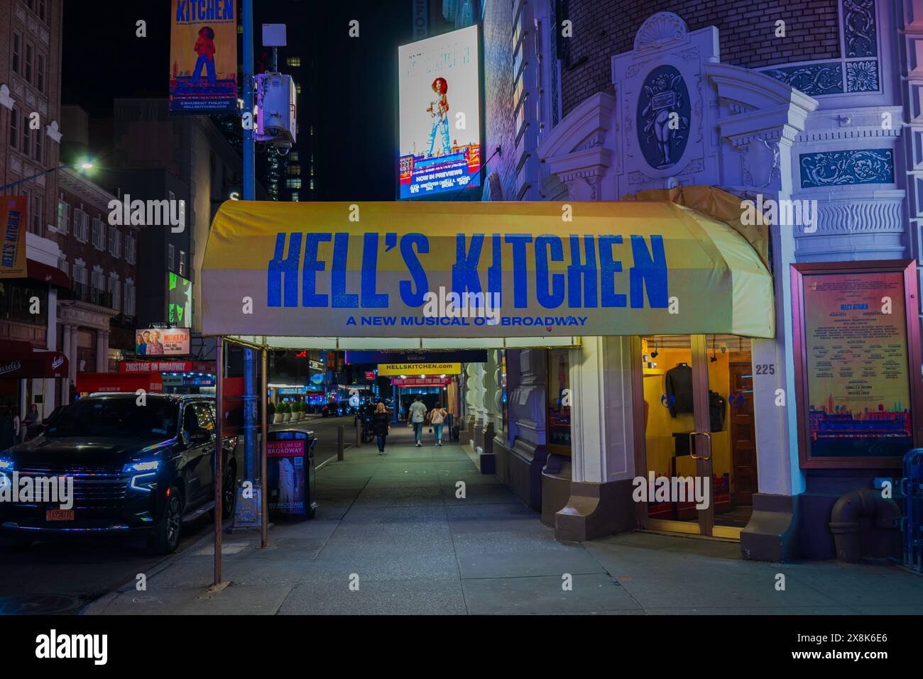 Close-up view of the Shubert Theatre on Broadway with advertisement for ...