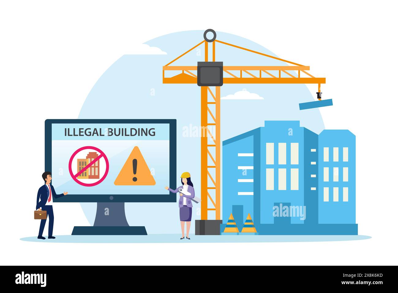 Illegal buildings vector concept. Two workers standing in construction ...