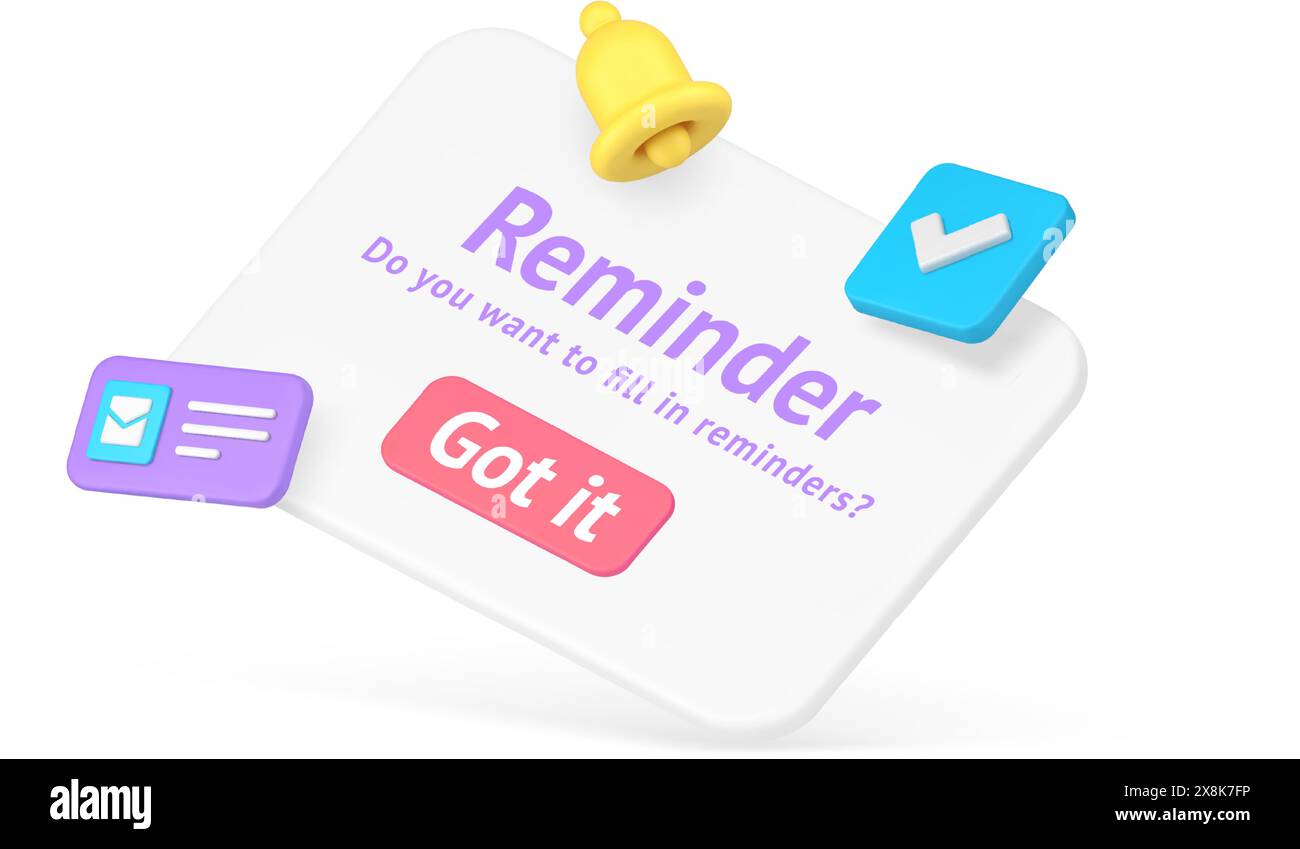 Reminder push notification window settings web application with button ring bell chat 3d icon ...