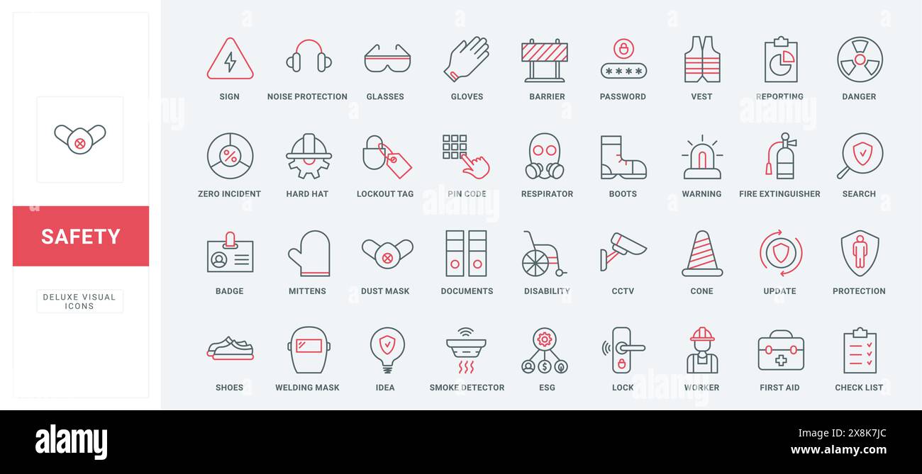 Health protection and safety at workplace line icons set. First aid in ...