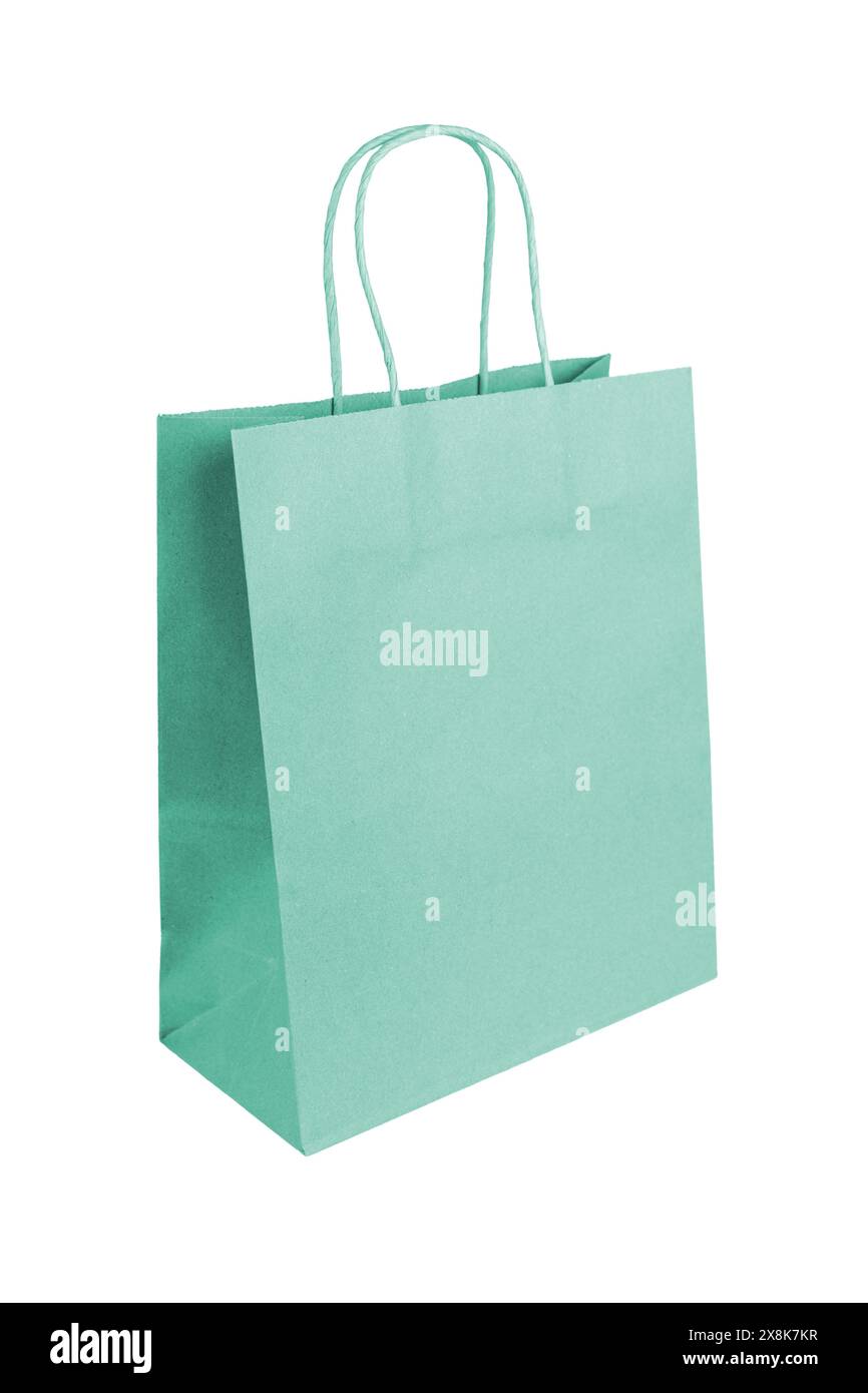Blank turquoise craft paper bag for food packaging isolated on white ...