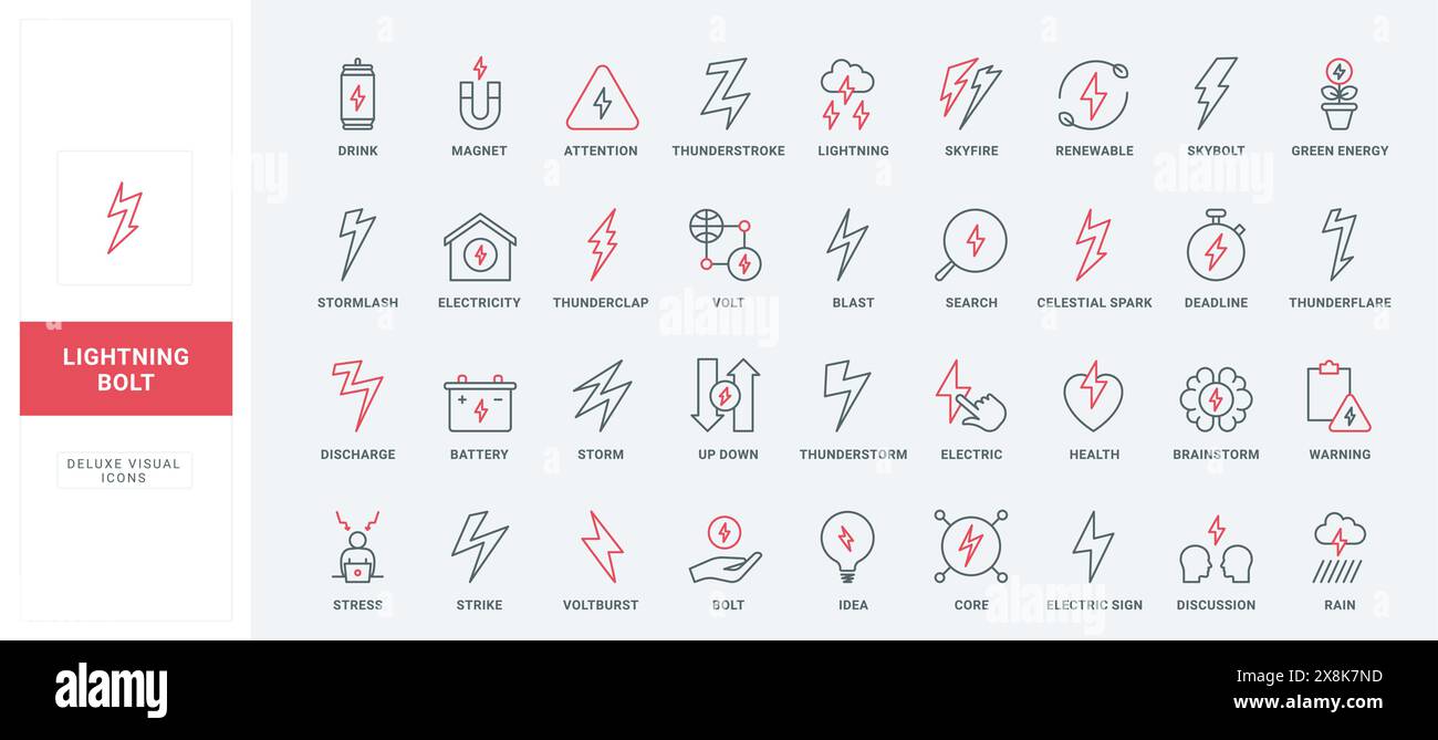 Lightning bolt shapes line icons set. Electricity and boost power energy pictogram, blitz up and ...