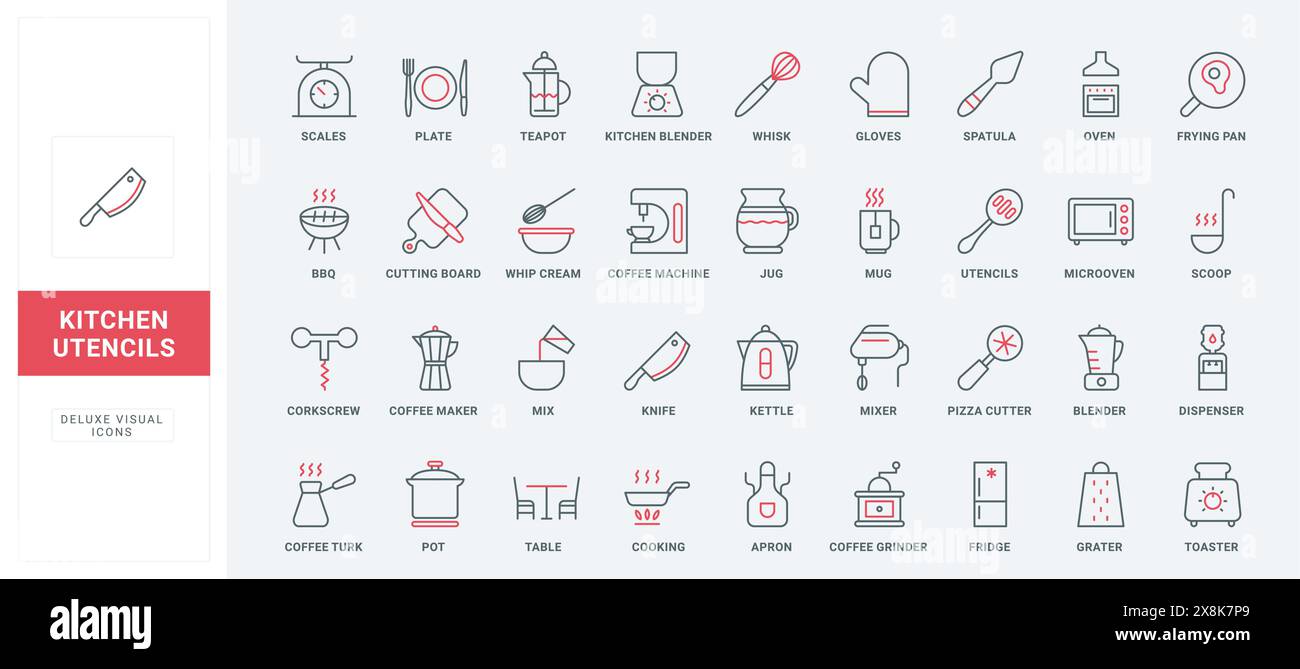 Kitchen equipment and utensils line icons set. Chefs accessories to cook food, electrical ...