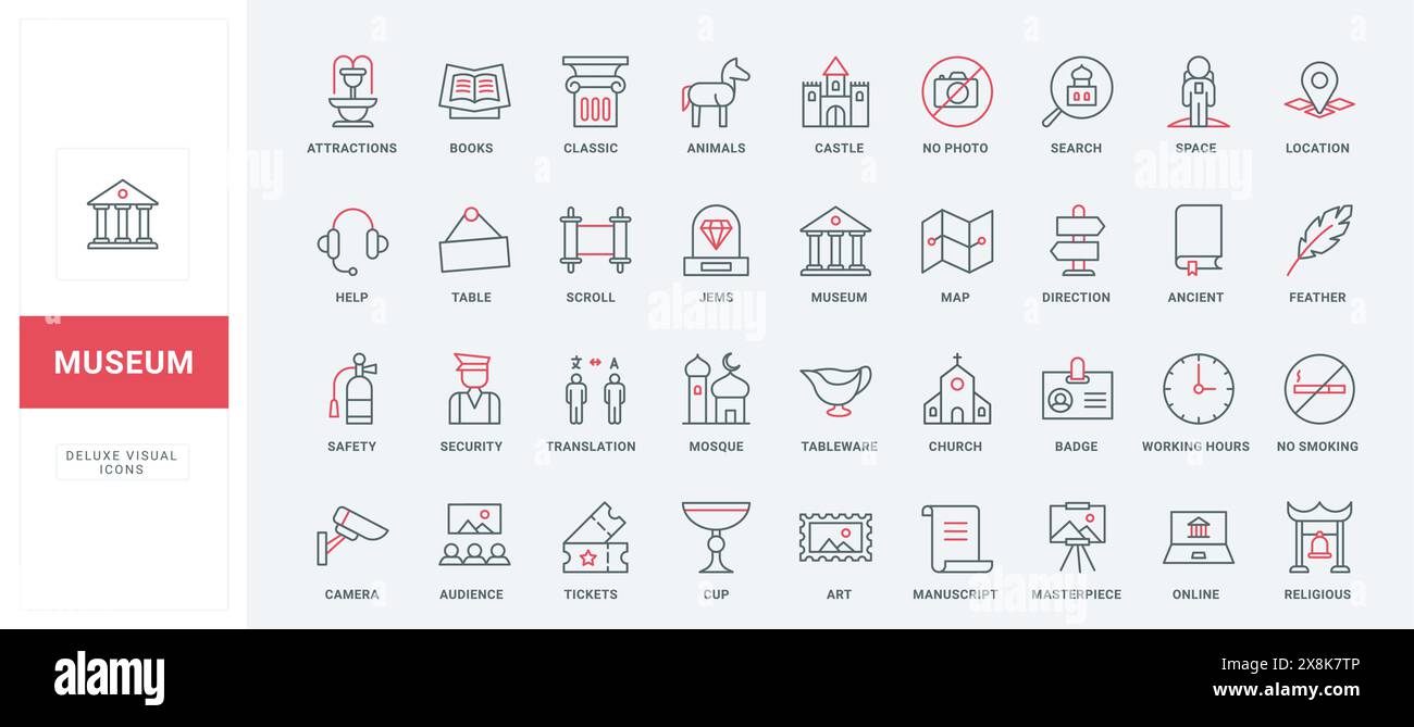 Museum ancient exhibit and service for tourist visit line icons set ...