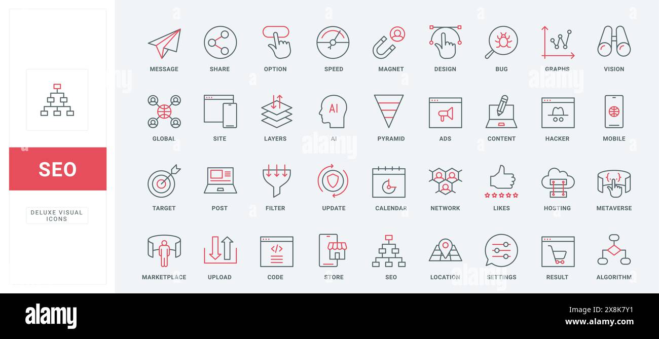 Seo Optimization Line Icons Set Web Traffic Statistics And Analytics Of Algorithm Content