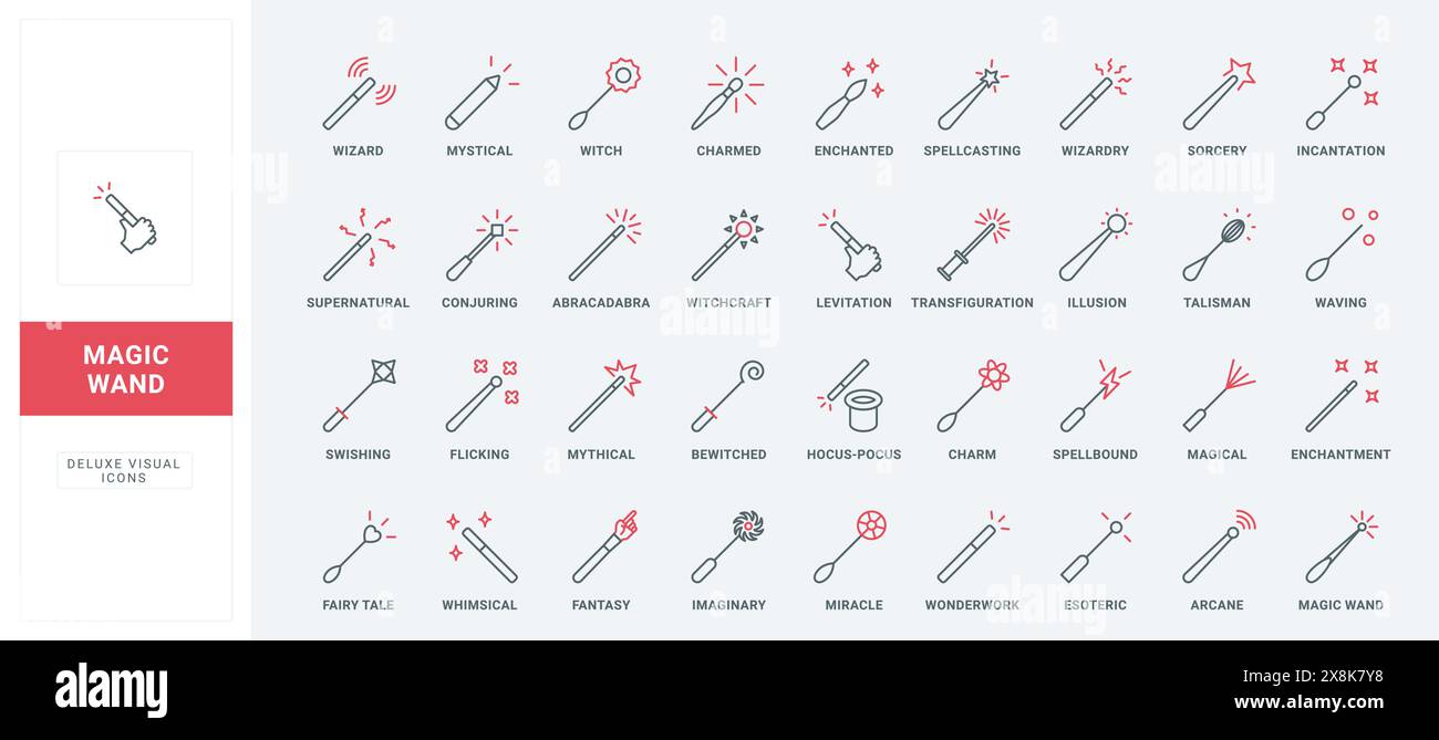 Magic wand line icons set. Wizard or witch fairy stick with star and lightning spell, heart and ...