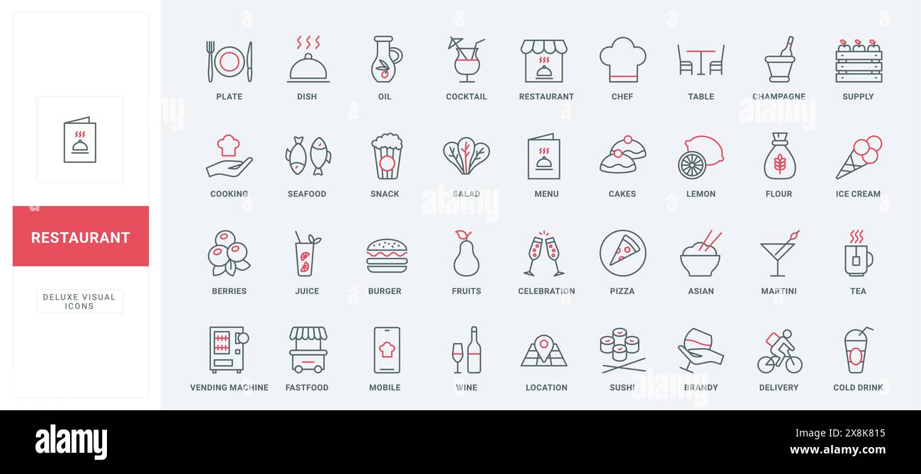 Restaurant food and drink, cafe services line icons set. Fast food menu ...