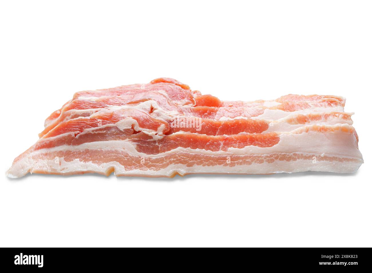 Piece of raw pork bacon close up, macro isolated on white background ...