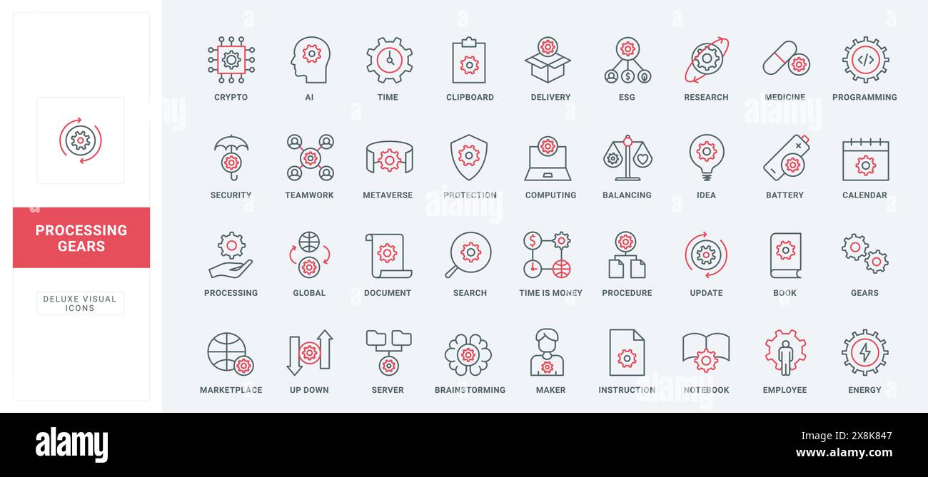 Gears in line icons set. Software update and programming, AI ...
