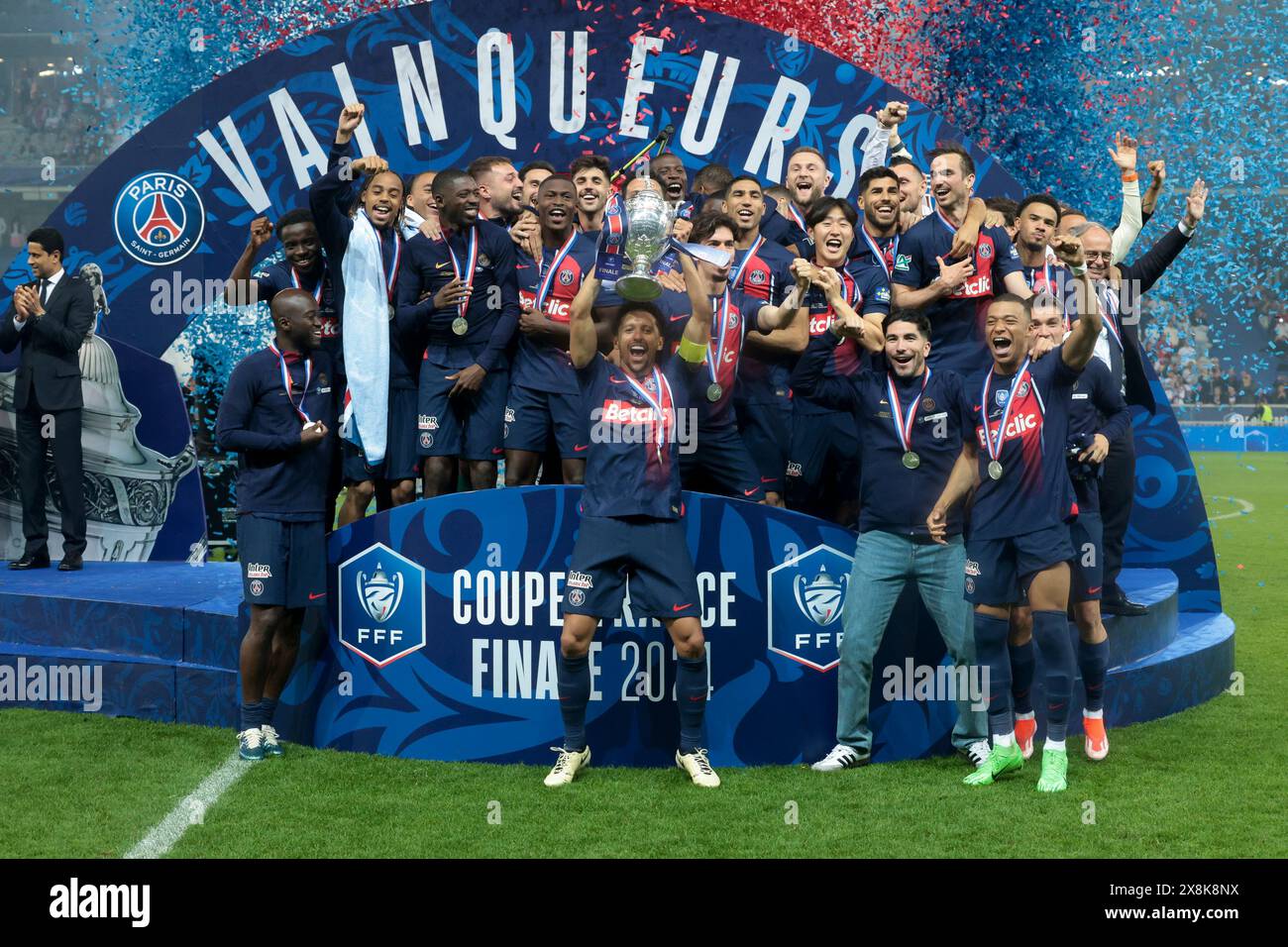 Captain Marquinhos of PSG, Kylian Mbappe and teammates celebrate during ...