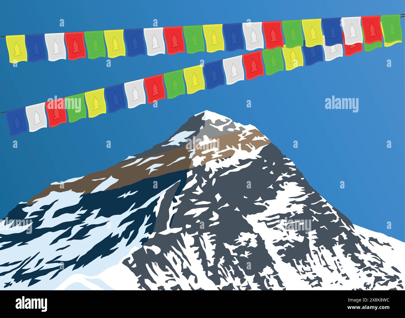 mount Everest with prayer flags as seen from gokyo, vector illustration ...