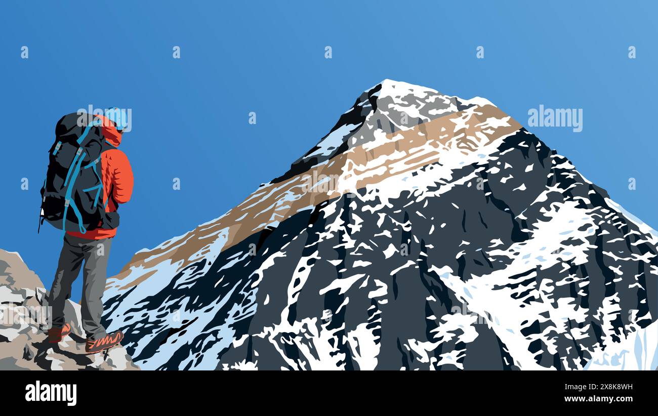 mount Everest as seen from gokyo valley with hiker, vector illustration ...
