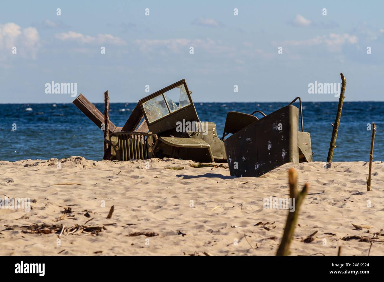 Historical reenactment. Background. Crashed, ruined American military ...