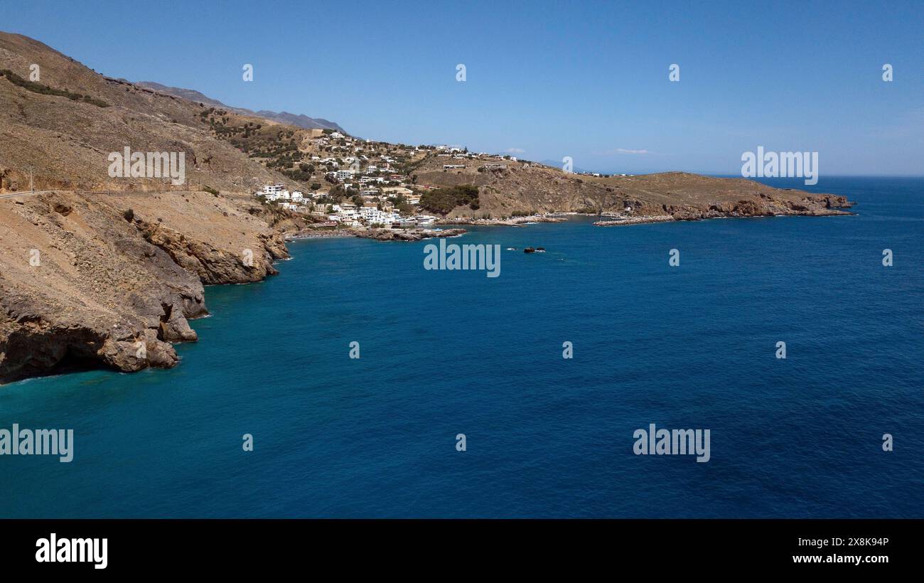 Aerial view of the harbour town of Sfakia on the south coast of the ...