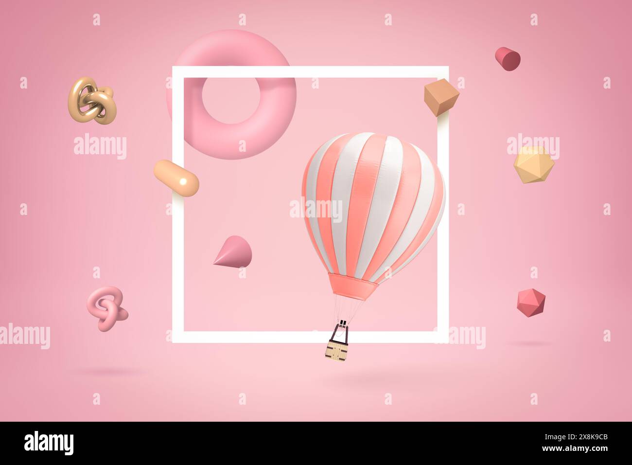 3d rendering of striped hot air balloon, highlighted with square white ...