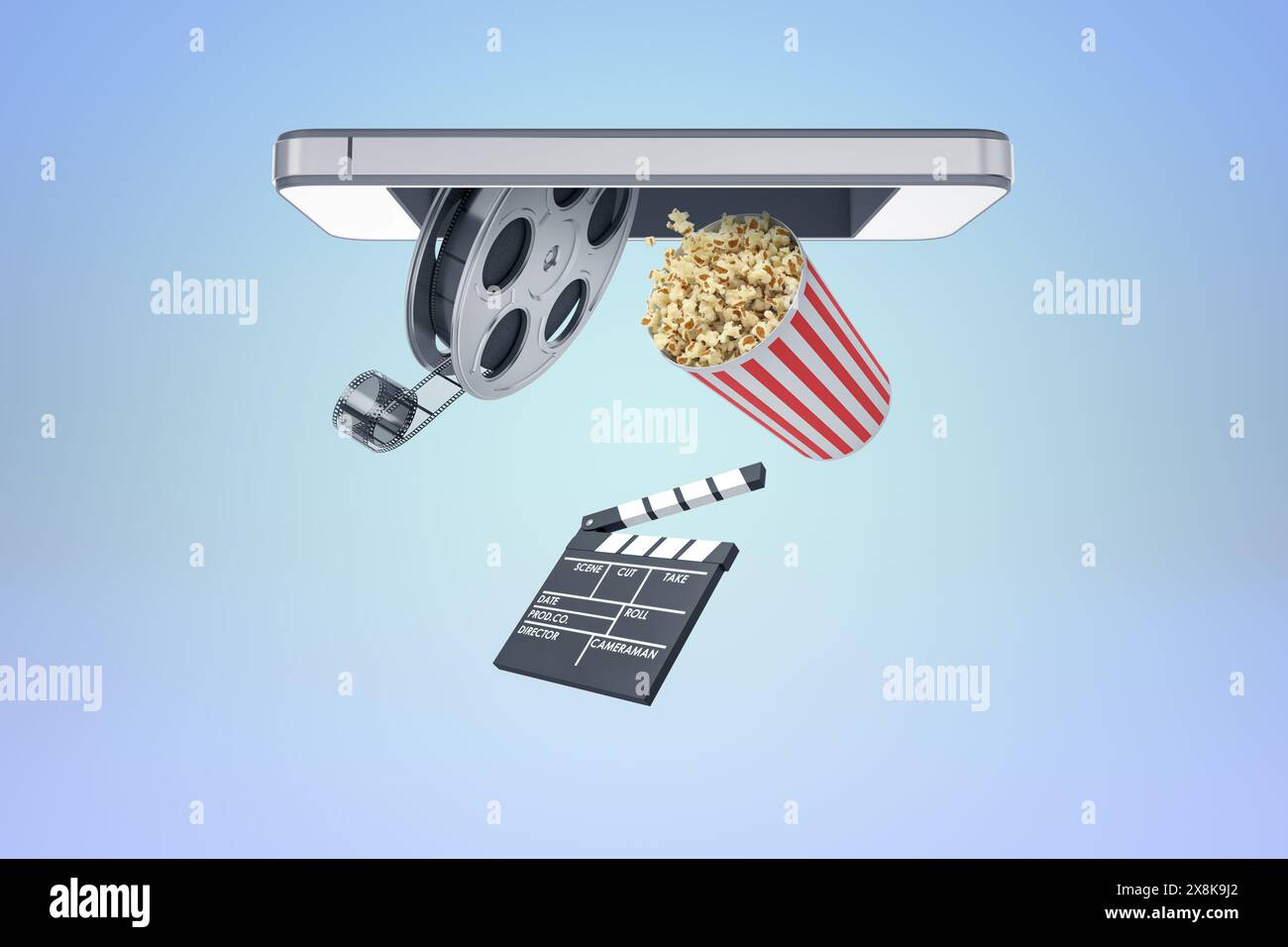 Film reel and popcorn floating under phone Stock Photo - Alamy