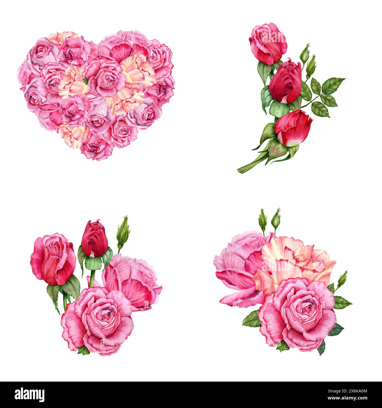 Pink roses love heart compositions. Ped flower buds arrangements set ...
